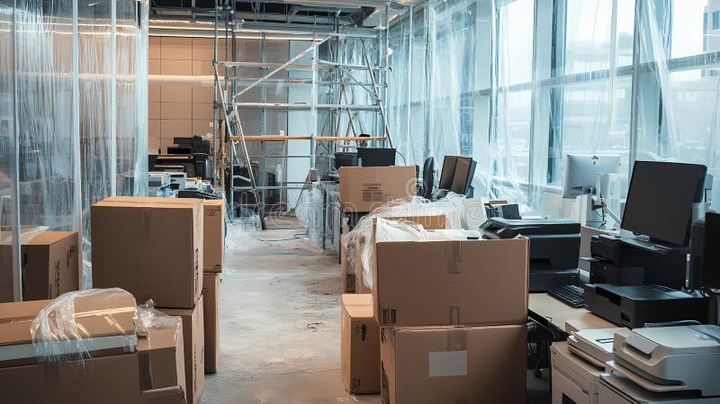 Office Undergoing Renovation with Packed Boxes Stock Photo - Image of ...