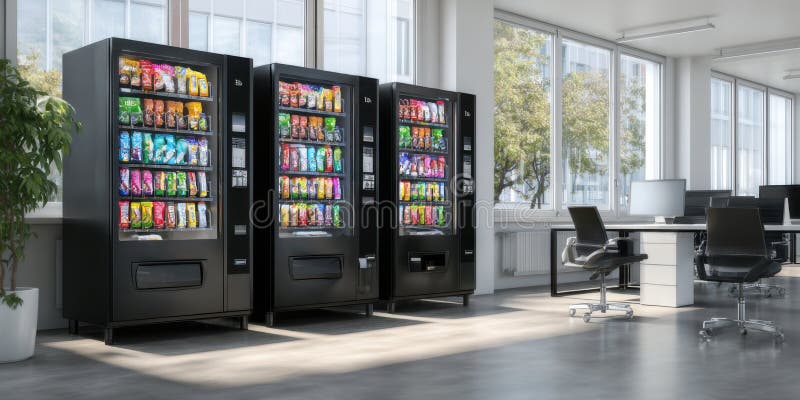 Office Vending Machines Provide Snacks and Drinks in a Modern Workspace during Daylight Hours in ...
