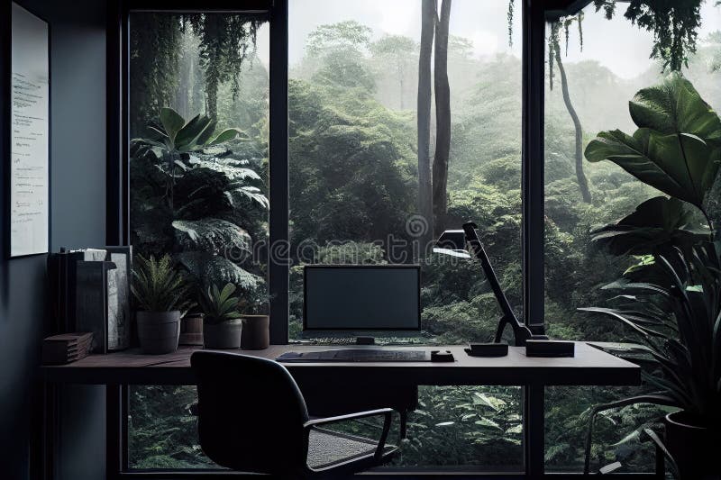 Office with View of Lush Forest, Filled with Greenery and Life Stock ...