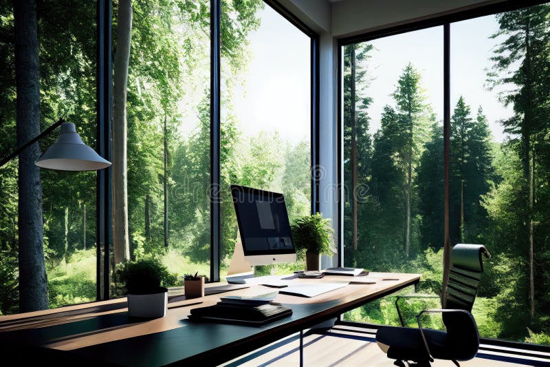 Office with View of Lush Green Forest and Clear Blue Sky Stock ...