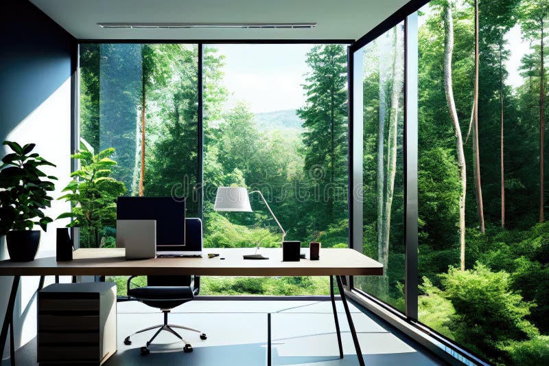 Office with View of Lush Green Forest and Clear Blue Sky Stock ...