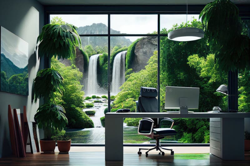 Office with View of a Lush, Green Garden with Cascading Waterfalls ...