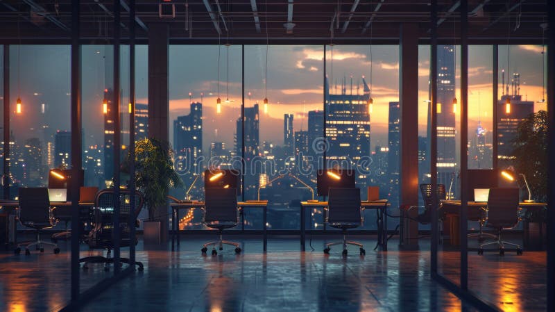Office View at Night with City Skyline Stock Photo - Image of ...