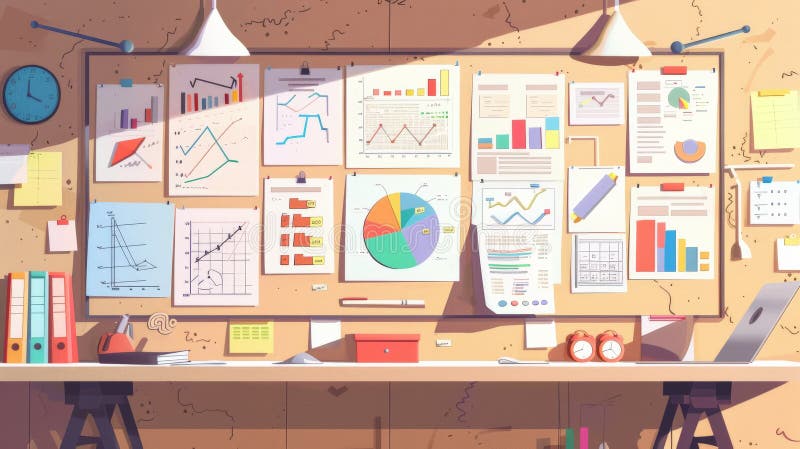 Office Wall Covered with Business Charts, Graphs, and Sticky Notes ...