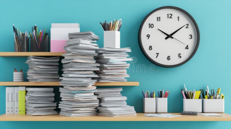 The Office Was Overwhelmed, with Stacks of Papers Everywhere and a Clock Ticking Away Stock ...