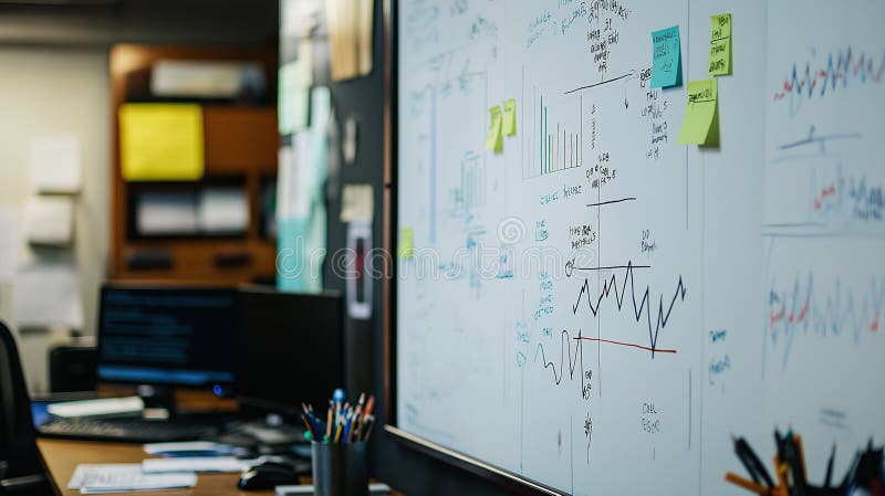 Office Whiteboard Filled with Market Trends, Graphs, and Sticky Notes ...