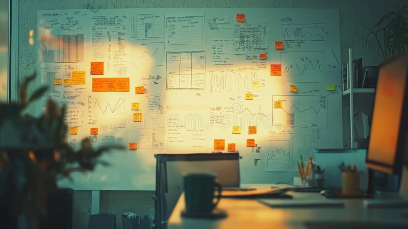 Office Whiteboard Filled with Market Trends, Graphs, and Sticky Notes ...