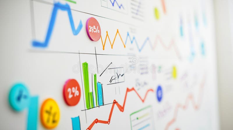 Office Whiteboard Filled with Market Trends, Graphs, and Sticky Notes ...