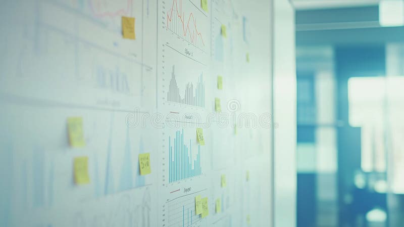Office Whiteboard Filled with Market Trends, Graphs, and Sticky Notes ...