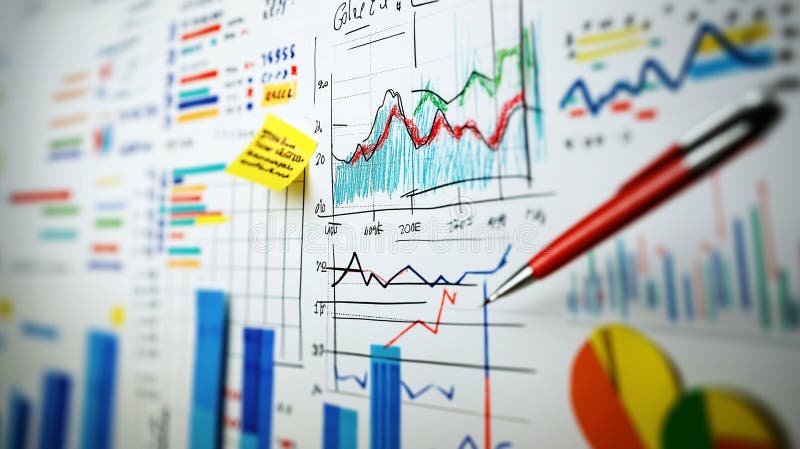 Office Whiteboard Filled with Market Trends, Graphs, and Sticky Notes ...