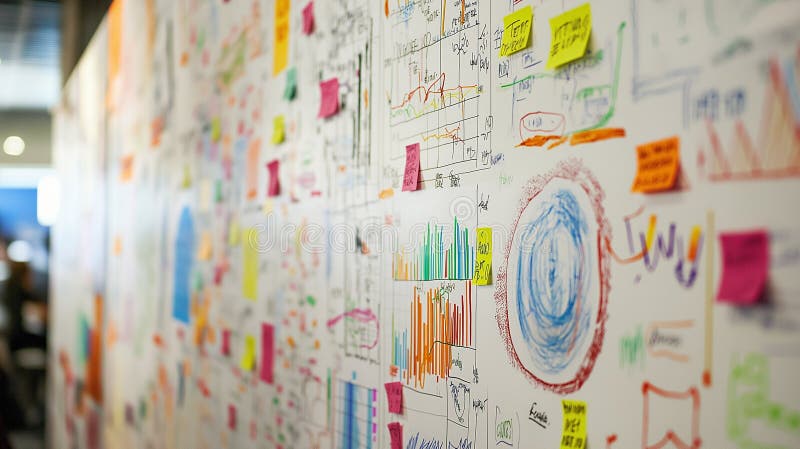 Office Whiteboard Filled with Market Trends, Graphs, and Sticky Notes ...