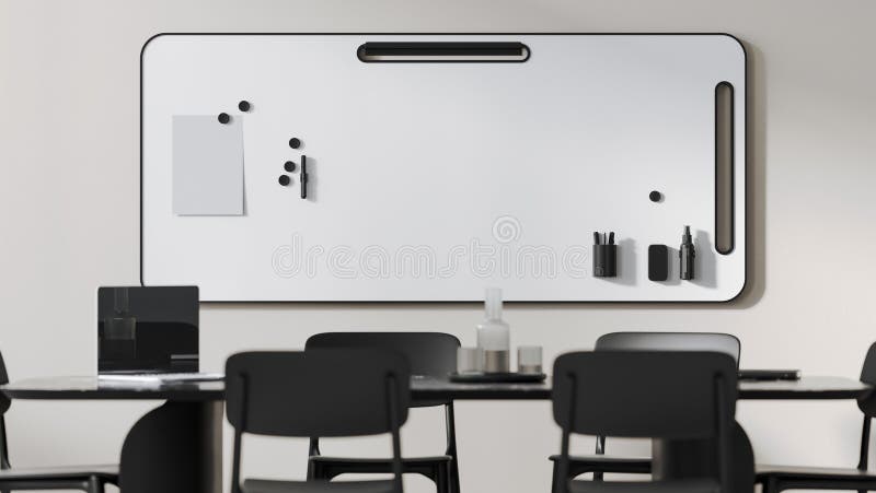 Office Whiteboard on the Wall, Conference Table with Black Chairs ...