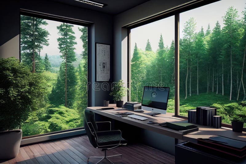 Office with Window View of Lush Forest, Filled with Trees and Greenery ...