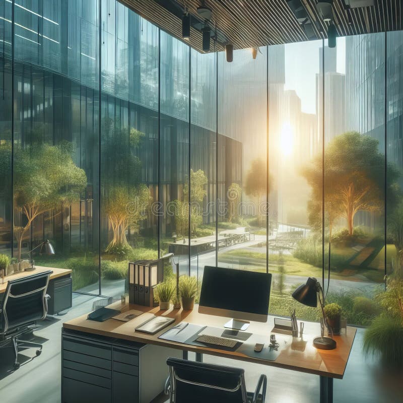 Office Window View with Reflection of Green Tree Environment Stock ...