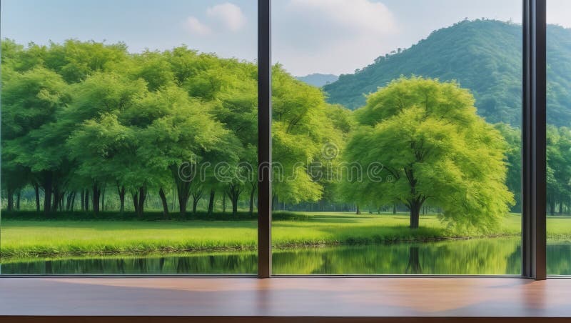Office Window View with Reflection of Green Tree Environment Stock ...