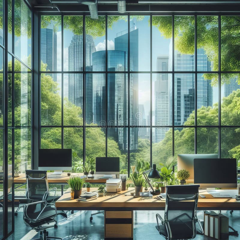 Office Window View with Reflection of Green Tree Environment Stock ...