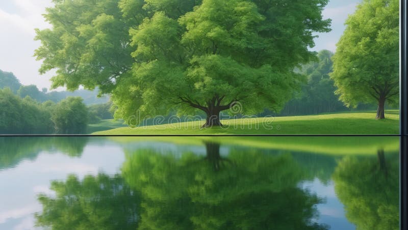 Office Window View with Reflection of Green Tree Environment Stock ...