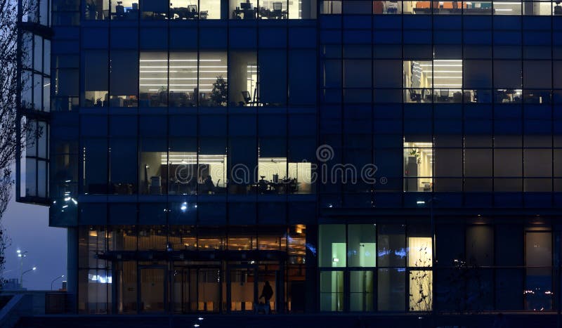 Office Windows in the Evening Stock Image - Image of computers, stripes ...