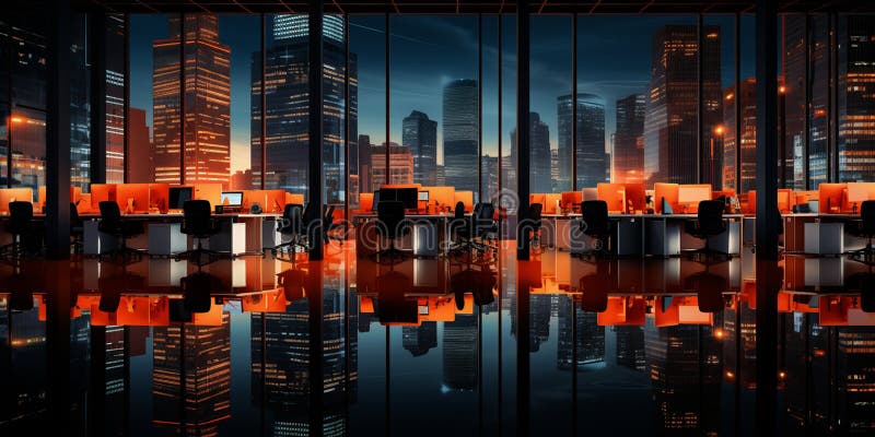 Office with Windows Night View, Zoom Virtual Background Stock Image ...