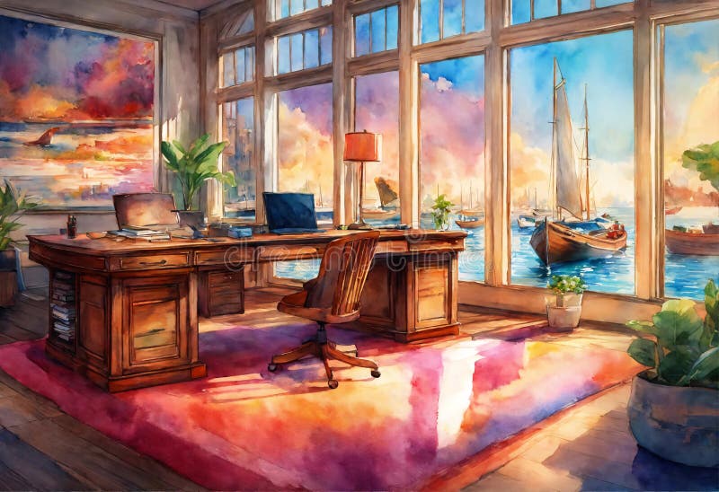 Office with Windows Overlooking the Sea Coast Stock Illustration ...