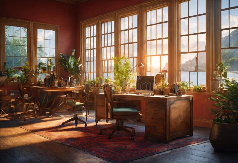 Office with Windows Overlooking the Sea Coast Stock Illustration ...