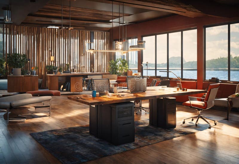 Office with Windows Overlooking the Sea Coast Stock Illustration ...