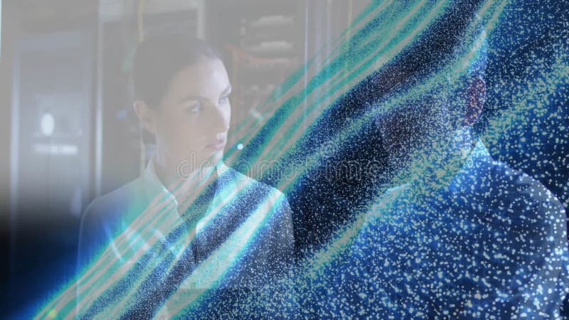 In Office, Woman Analyzing Digital Animation with Blue and Green Data ...