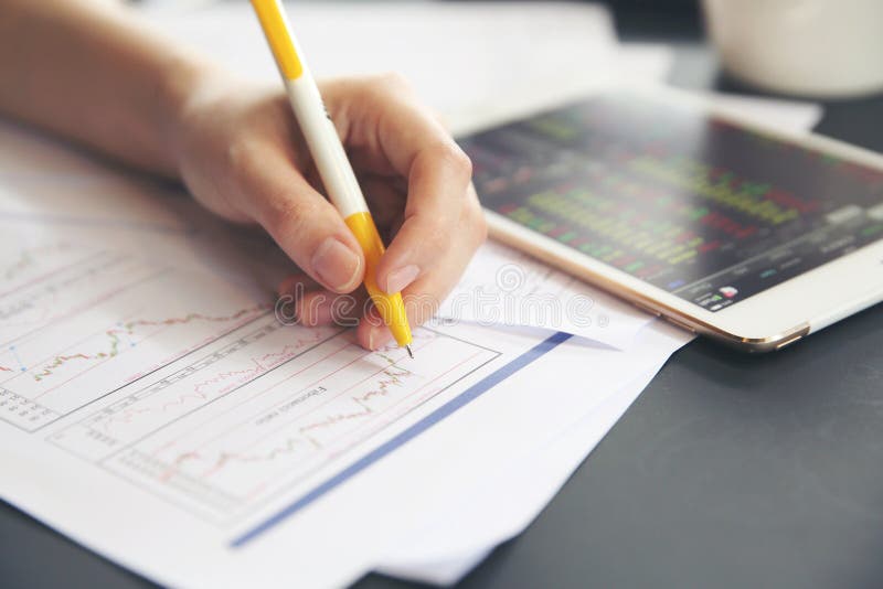Office Woman Hand Working on the Business Papers and Tablet Stock Photo ...