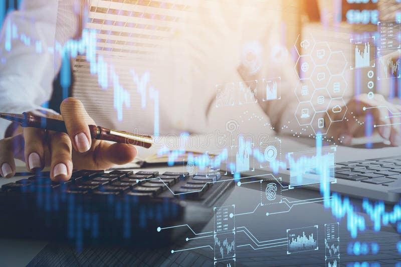 Office Woman Hands, Table with Laptop and Calculator, Graph Changes ...