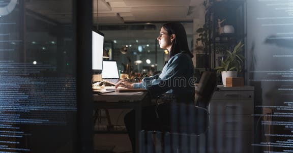 Office Woman and Night Coding with Futuristic Overlay for Cyber Security, Programming and Work ...