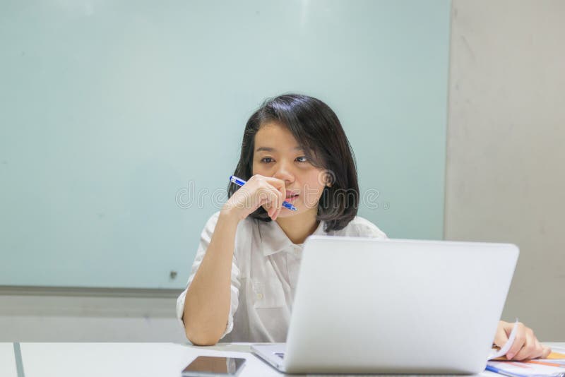 Office Woman Reading Reports at Workplace Stock Image - Image of ...
