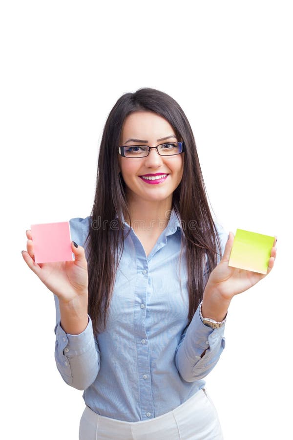 Office Woman with Two Post it Stock Image - Image of post, holding ...