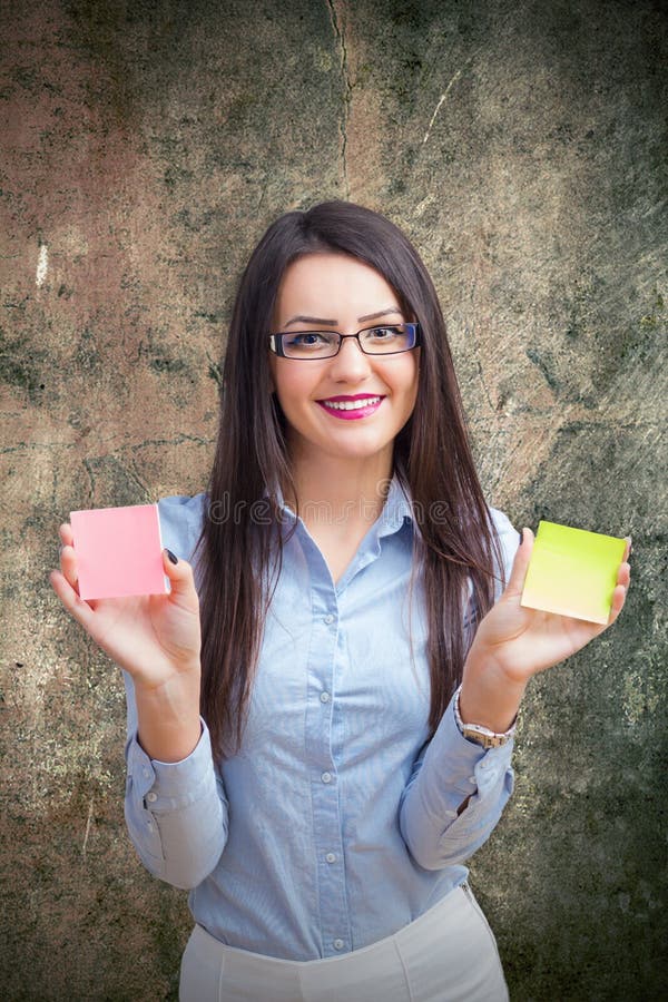 Office Woman with Two Post it Stock Photo - Image of shoulder, beauty ...