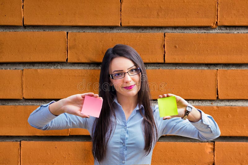 Office Woman with Two Post it Stock Image - Image of holding, front ...