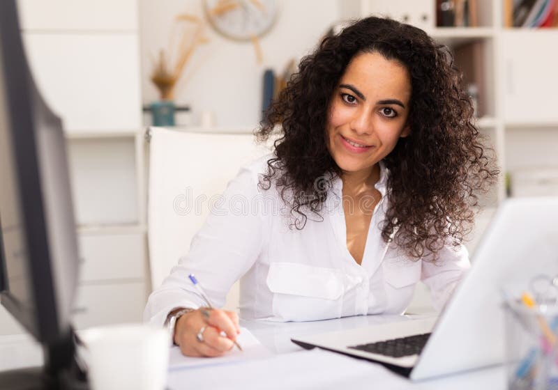 Office Woman Worker is Working with Documents and Laptop in Office ...