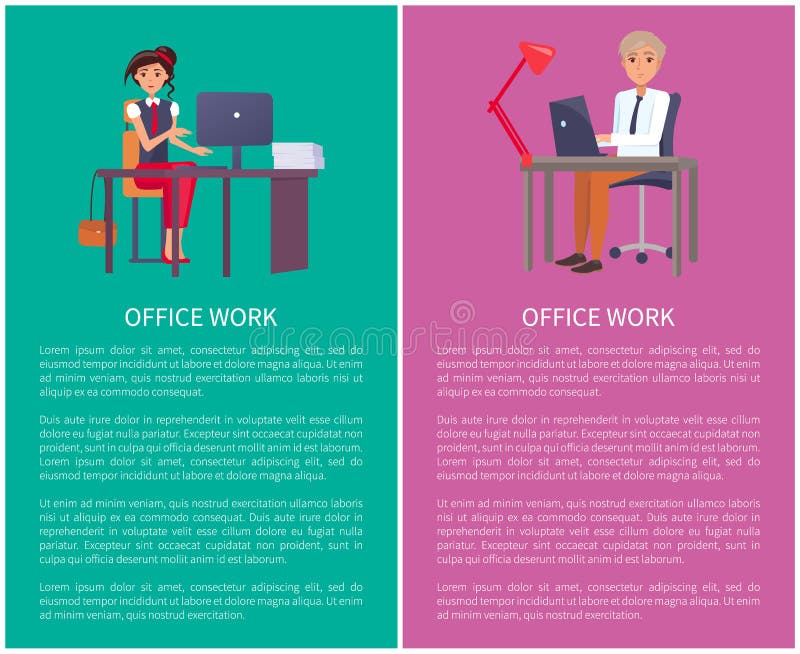 Office Work Banners Set Vector Workers Pages Text Stock Vector ...