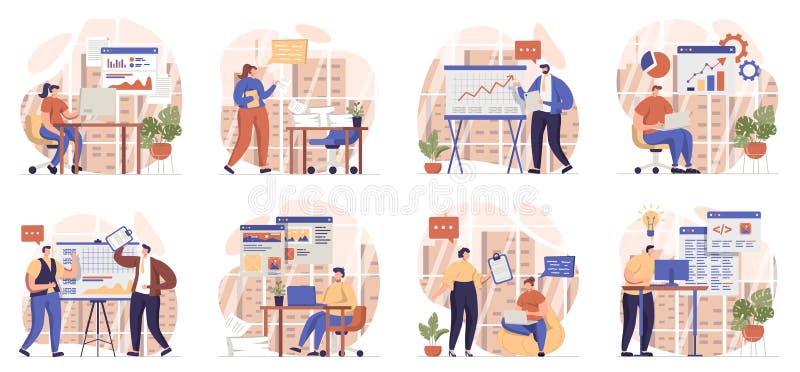 Office Work Collection of Scenes Isolated. People Make Presentations ...