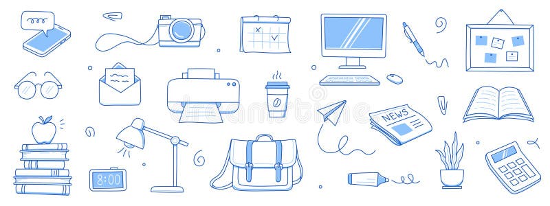 Office Work Doodle Set. Office Computer, Work Desk, Notebook Doodle ...