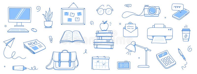 Office Work Doodle Set. Office Computer, Work Desk, Notebook Doodle ...