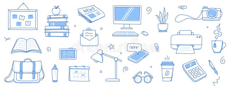 Office Work Doodle Set. Office Computer, Work Desk, Notebook Doodle ...