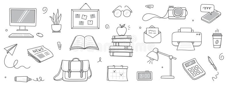 Office Work Doodle Set. Office Computer, Work Desk, Notebook Doodle ...