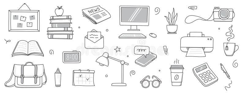 Office Work Doodle Set. Office Computer, Work Desk, Notebook Doodle ...