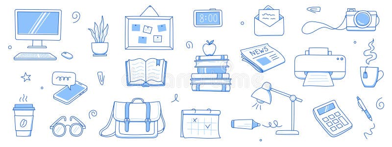 Office Work Doodle Set. Office Computer, Work Desk, Notebook Doodle ...