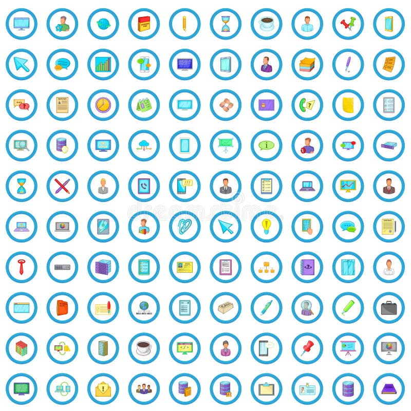100 Office Work Icons Set, Cartoon Style Stock Vector - Illustration of ...