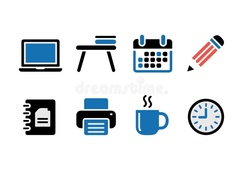 Office Work Icons - Vector Set Featuring Laptop, Calendar, Printer, and ...