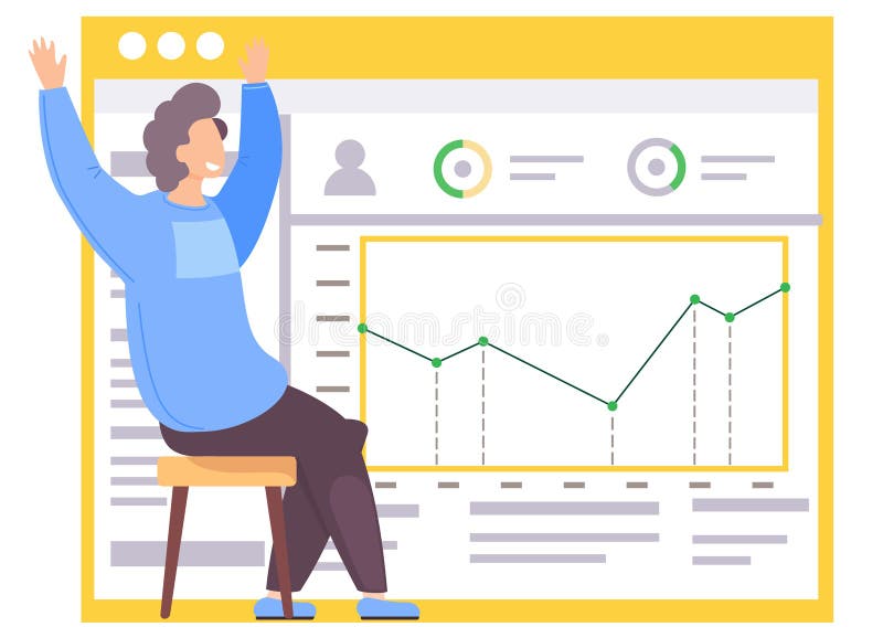 Man Happily Raises His Hands Up. Work with Statistics Indicators and ...