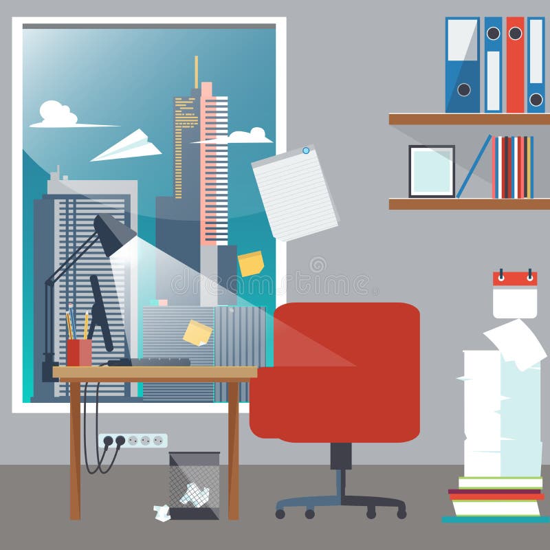 Office Work Place with Computer and Paper Documents Stock Illustration ...