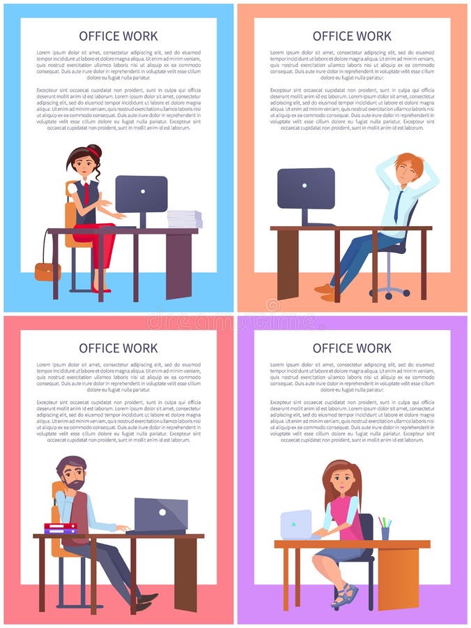 Office Work Poster Man Woman at Workplace Vector Stock Vector ...