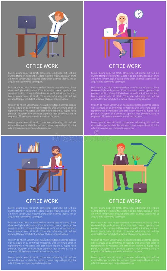 Office Work Posters Set Men Women Working Tables Stock Vector ...