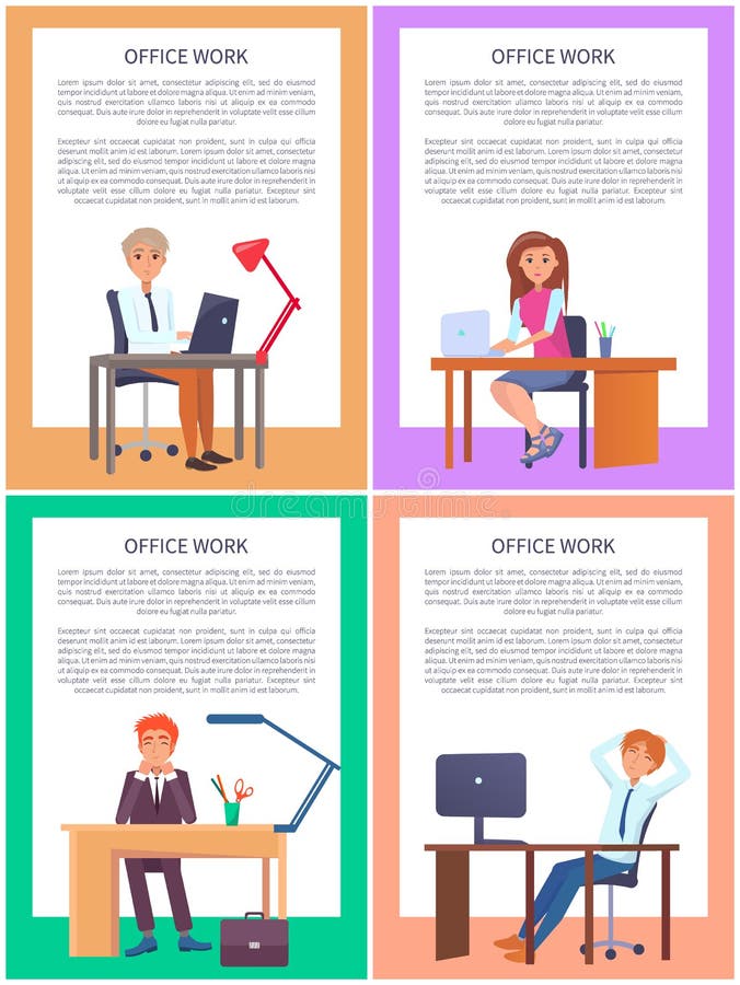 Office Work Posters Set Men Women Working Tables Stock Illustration ...